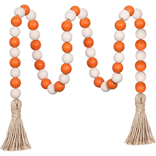 Meplait Wood Bead Garland,39in Farmhouse Beads with Tassels Boho Beads for Tiered Tray Decorative Beads Home DecorïŒOrange & NaturalïŒ