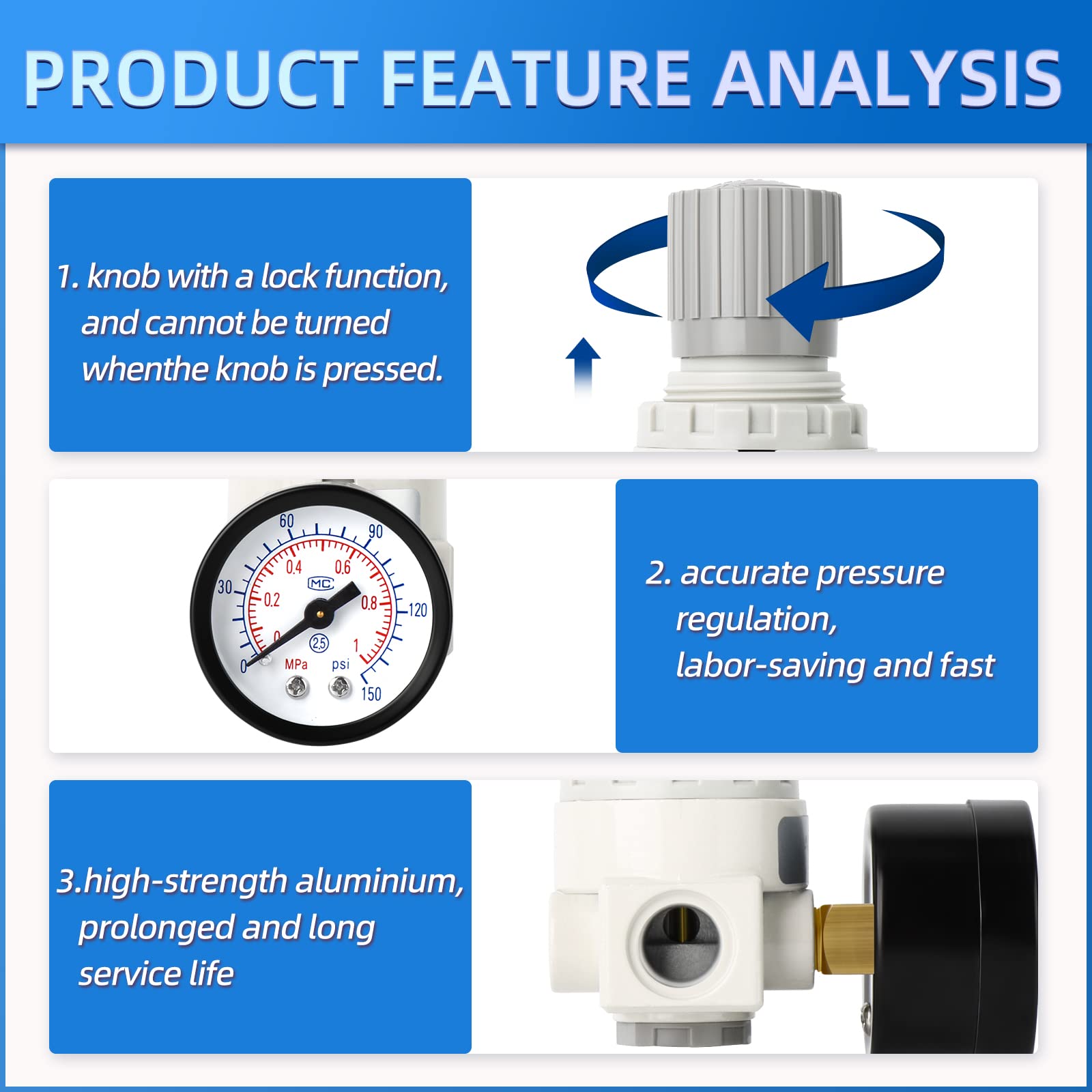 MEANLIN MEASURE 1/4 Inch NPT Air Compressor Regulator with Gauge, 0-150 PSI AR2000 Air Gauge Regulator Inline for Air Compressor and Pneumatic Tools