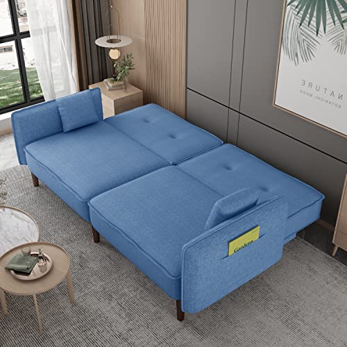 LyuHome 75" Sofa Bed,Modern Sofa Couch with Solid Wood Leg,Small Fabric 3 Seat Couch for Living Room/Office Blue