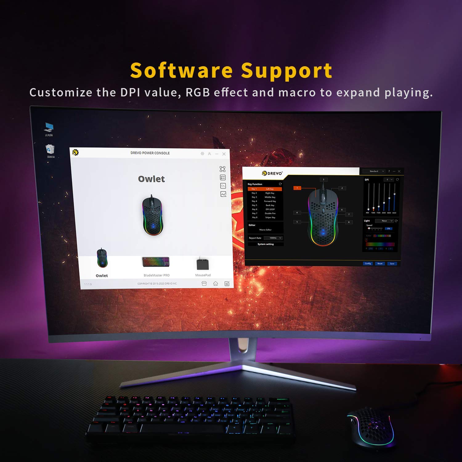 DREVO Owlet Wired RGB Lightweight Gaming Mouse, PixArt PMW3325 Max 10000 DPI, Ambidextrous Design for Left&Right Hand, 8 Programmable Buttons, Honeycomb Shell with Ultra-Weave Cable