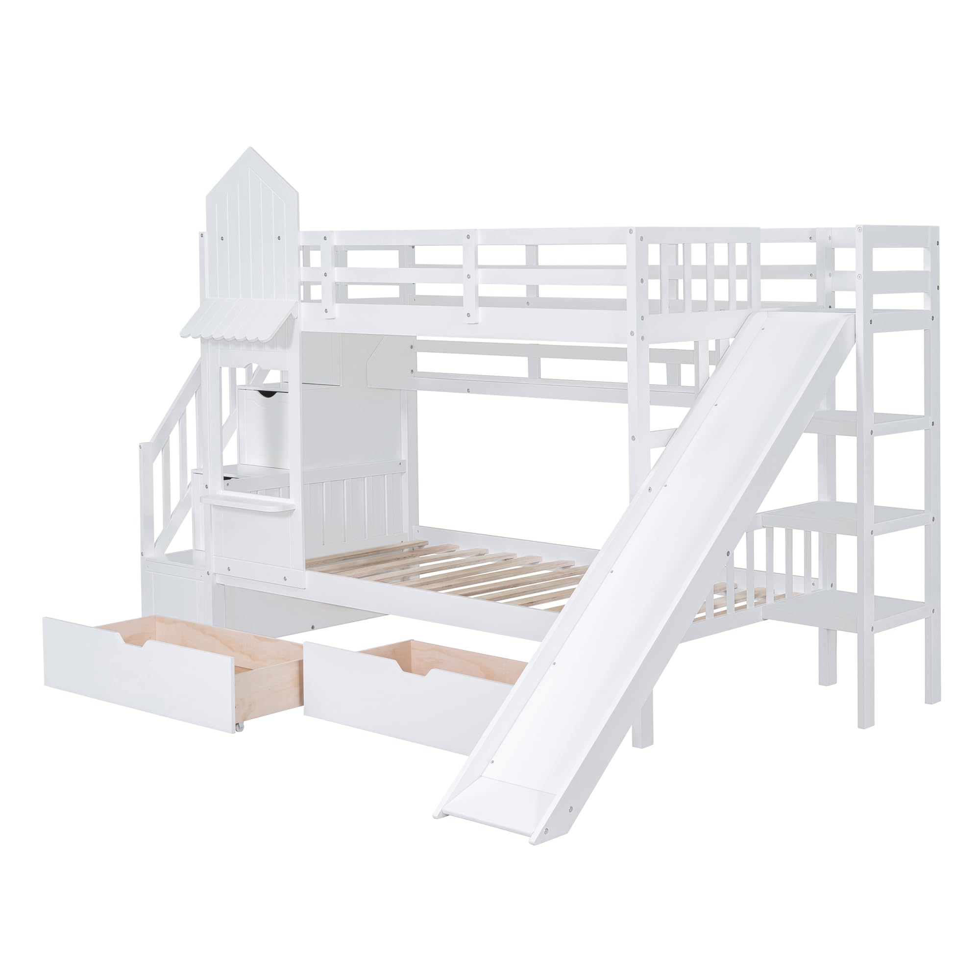 MERITLINE Twin Over Twin Bunk Bed for Kids, Castle Bunk Beds with 2 Drawers 3 Shelves and Slide, Solid Wood Twin Bunk Bed for Kids Girls Boys Teens (White)