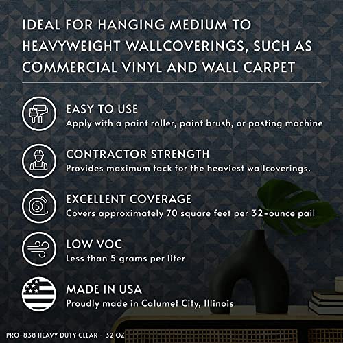ROMAN Products Heavy Duty Wallpaper Adhesive, Commercial Grade for Heavy Wall Hangings, Clear, PRO-838 (32 Ounce - 70 sq. ft.), 11314