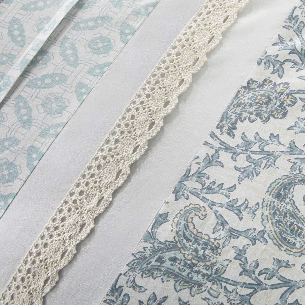 D&H 9 Piece Periwinkle Blue Green Paisley Comforter Queen Set, Blue White Shabby Chic Adult Bedding Master Bedroom Stylish Pintuck Ruffled Pattern Ruched Elegant Traditional Cotton Polyester