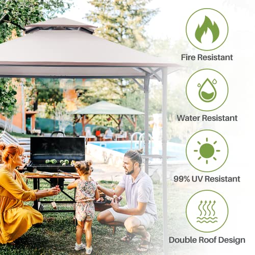 Easylee 8' x 5' Grill Gazebo for Outdoor BBQ, Steel Frame Gazebo with LED Lights and Hook, Double Tiered Barbecue Canopy Tent (Beige-White)