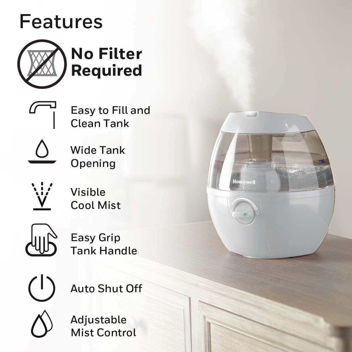Honeywell HUL520W MistMate Ultrasonic Cool Mist Humidifier, White β Cool Mist Humidifier for Bedroom, Home or Office