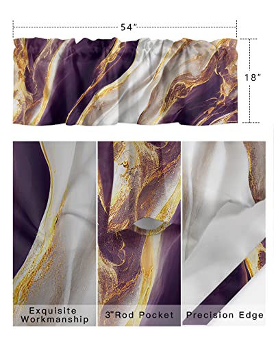 Window Curtain Valances for Kitchen Windows,Purple Gold White Marble Texture Rod Pocket Short Window Valance Natural Cracks Granite Stone Cafe Treatment Valance for Living Room/Bathroom/Bedroom