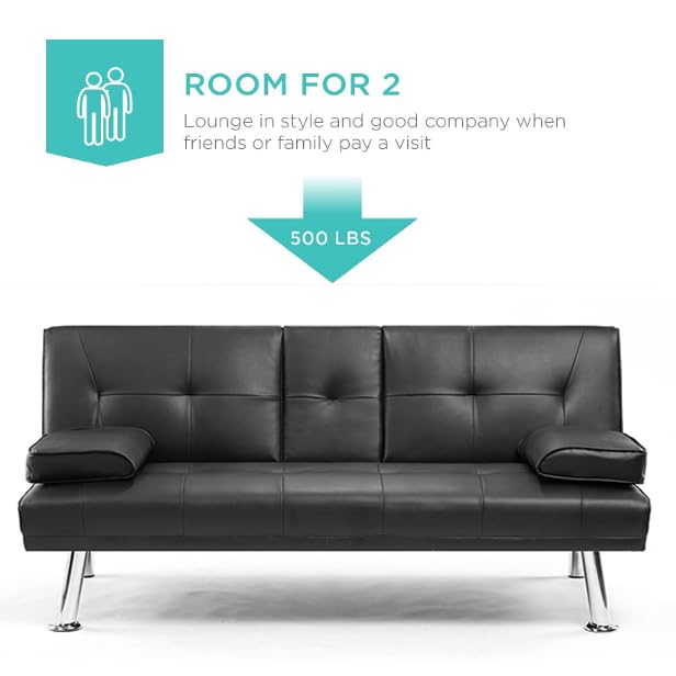 RIDFY 66.5” Modern Futon Sofa Bed with Metal Legs/2 Cupholders, Convertible Folding Upholstered Loveseat, Memory Foam Living Seat with Removable Armrests for Compact Spaces/Apartments/Office (Black)