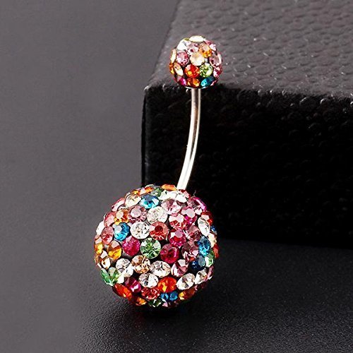 CrazyPiercing Crystal Belly Button Ring, Stainless Steel Navel Piercing Ring Stud Piercing, Colorful Rhinestones Ball Navel Ring 16G