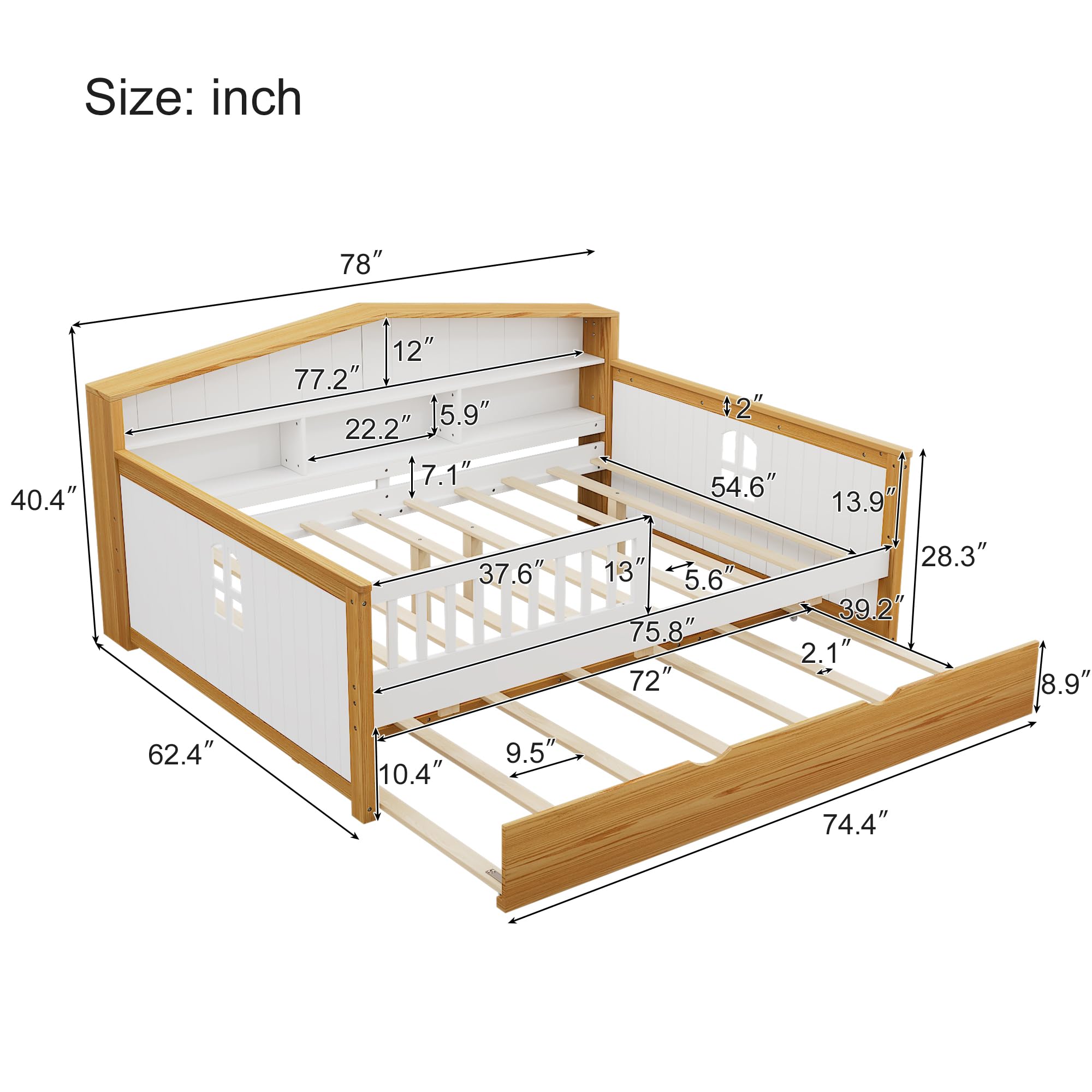 MERITLINE Full Size Daybed with Trundle and Bookcase Headboard, Wood Daybed Sofa Bed with Charming House-Shaped Design,Kids Bed Frames with Windows and Safety Rails,Walnut and White