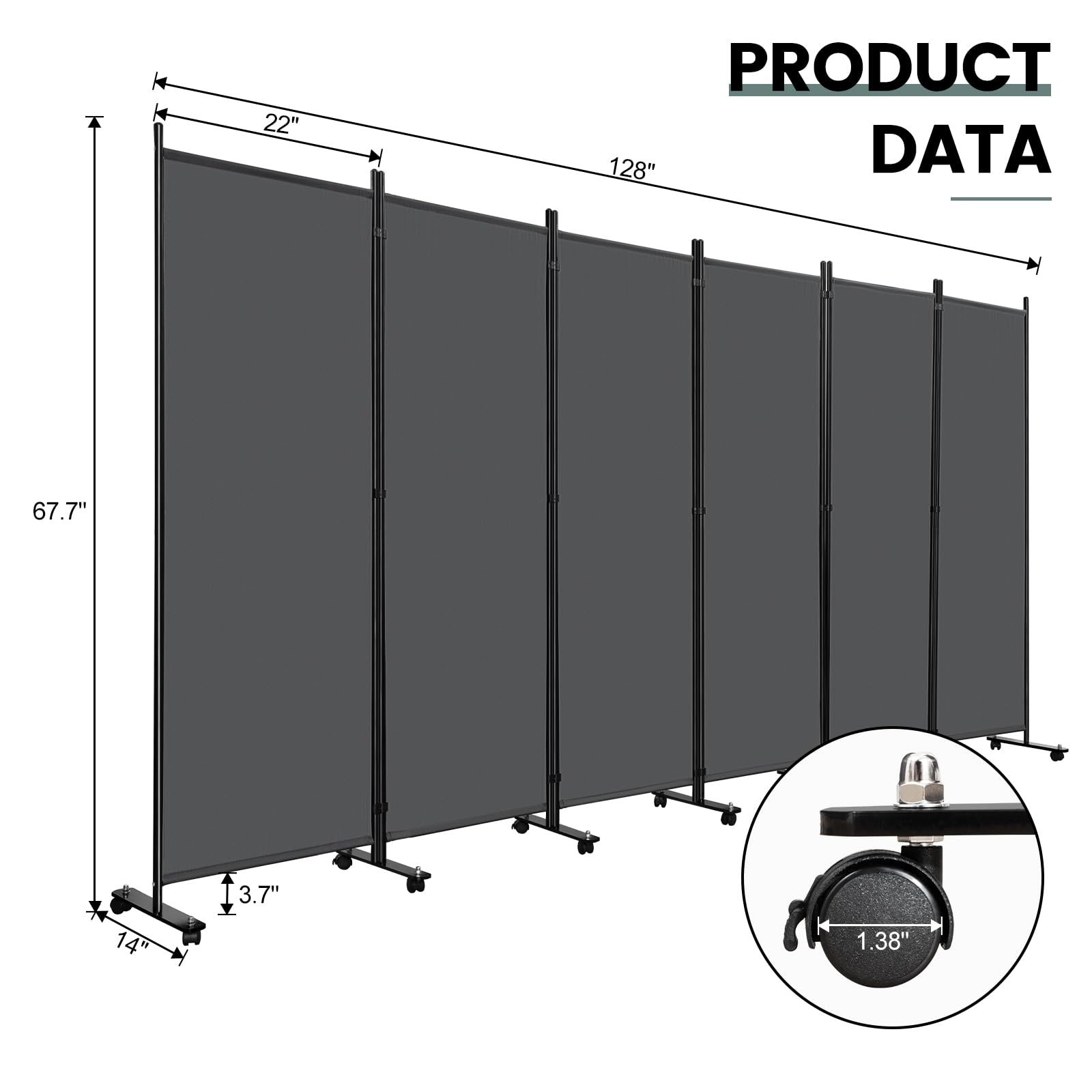 HALLYBEE Room Divider 5.6FT Portable Room Dividers and Folding Privacy Screens, 4 Panel Room Divider on Wheels, Wall Divider for Room Separation, Partition Room Dividers, Grey Fabric Privacy Screen