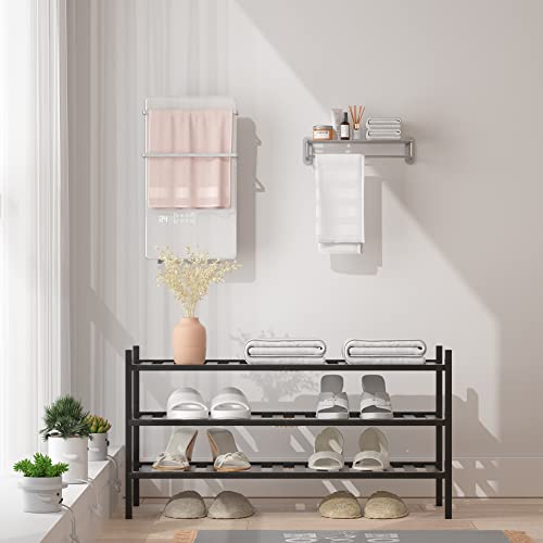 RONGJIA 3-Tier Natural Bamboo Shoe Rack - Stackable Storage Shelf with Multi-Function Combinations - Free Standing Shoe Racks for Convenient Shoe Organization(Black) 11" D x 27" W x 20" H
