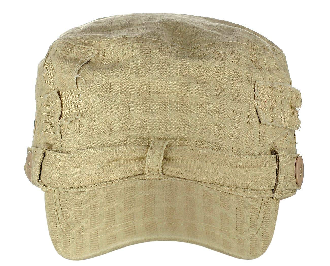 D&Y Unisex Distressed Patched Button Waffle Cadet Military Cap, Beige