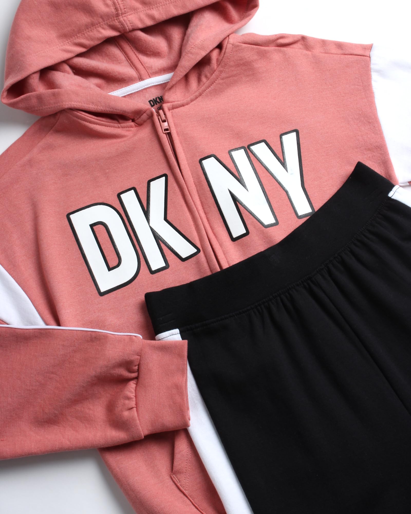 DKNY Girls’ Jogger Set – 2 Piece Hoodie and Sweatpants Kids Clothing Set (Size: 4-12), Size 14-16, Black/Rosette