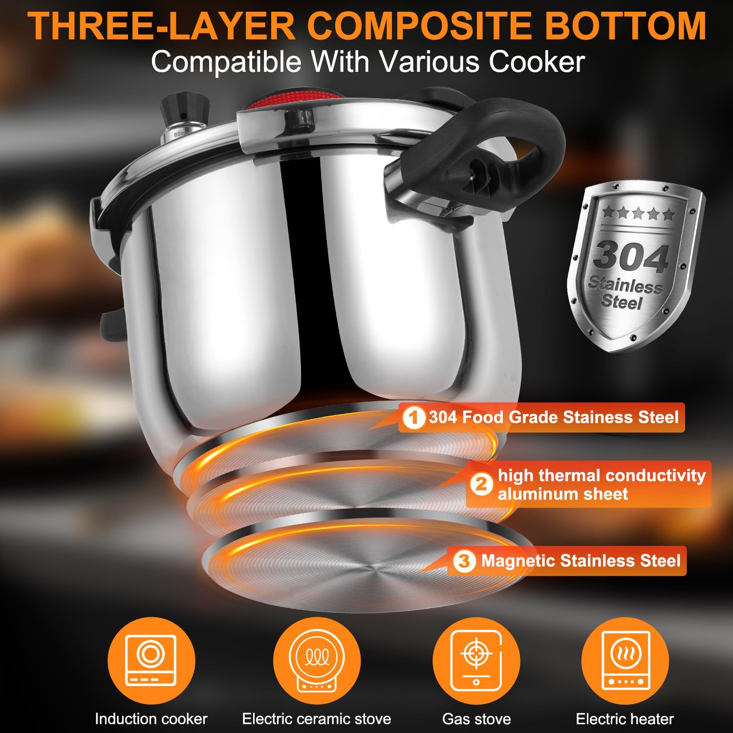 NYTRX Pressure Cooker 10 QT, Stainess Steel Pressure Canner 10 Quart, Explosion-Proof Cookware, Rotating Lock/Unlock Lid, One-handed lid opening, Thickened Silicone Ring And Anti-scald Handle, Silver