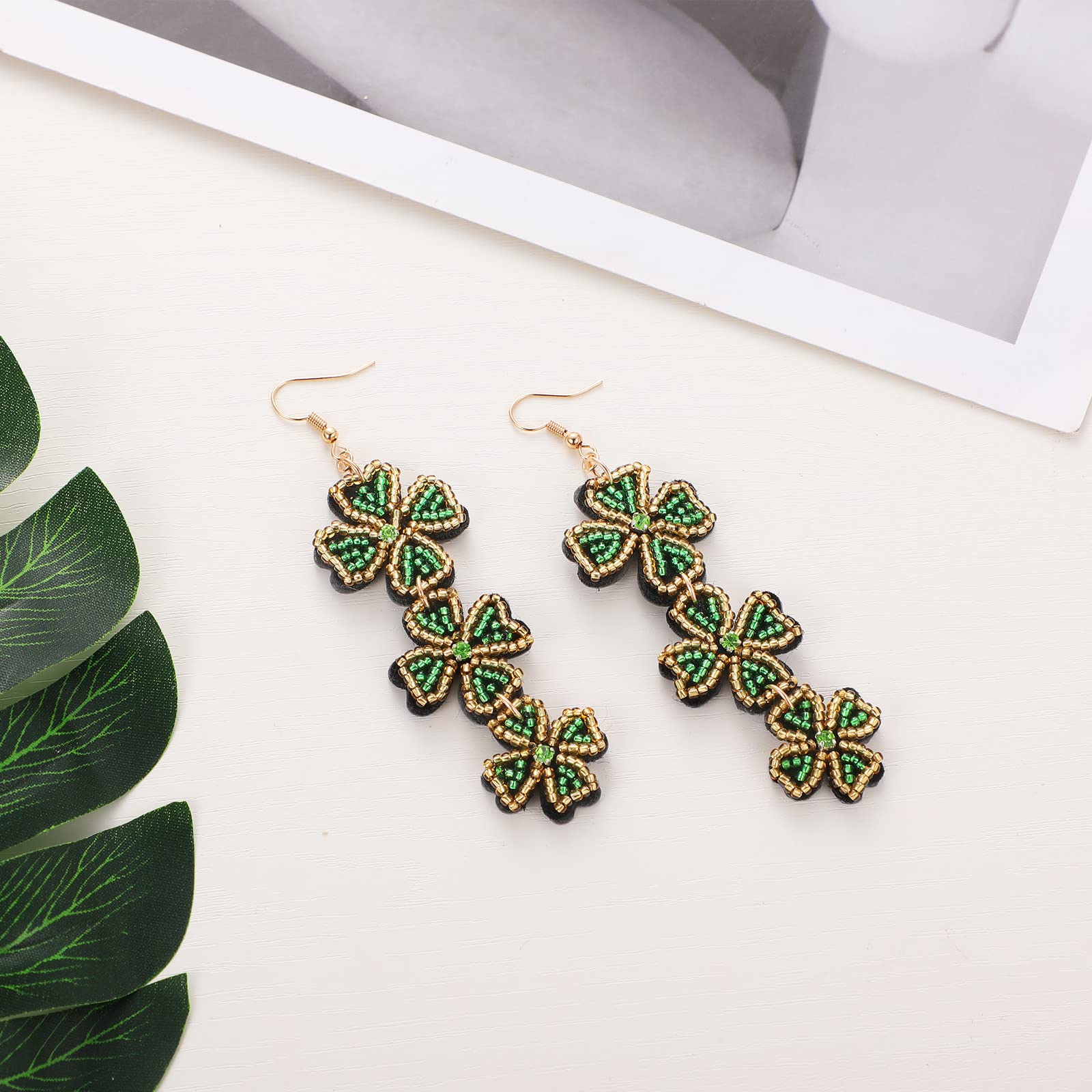 DoreenBow St.Patrick's Day Earrings Green Lucky Clover Dangle Earrings Green Hats Beaded Earrings Handmade Shamrock Earrings Beaded Earrings Irish Holiday Jewelry Gift(Shamrock)