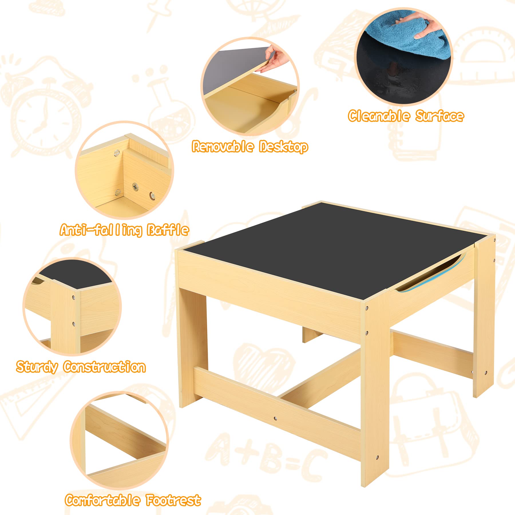 RedSwing Kids Table and Chair Set, 3 in 1 Wooden Childrens Craft Table with 2 Chairs Storage Drawers,Toddler Activity Art Table for Drawing,Reading,Playroom