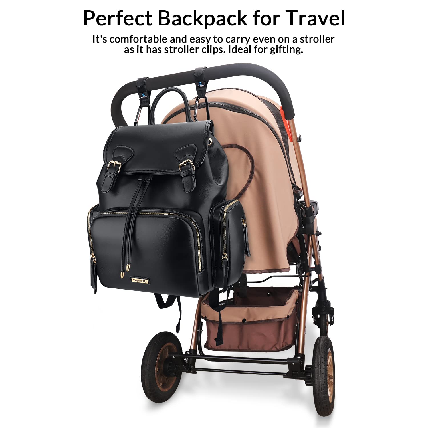 Hafmall Diaper Bag Backpack, Leather Diaper Backpack with 4 Insulated Pockets for Mom Dad, Stylish Baby Bag with Stroller Hooks, Travel Backpack for Mommy, Black Maternity Bag