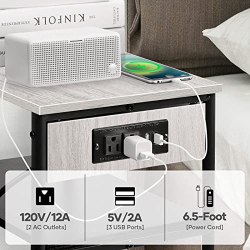 MOOACE Nightstand with Charging Station, Side End Table with USB Ports and Outlets, 3 Tier Side Table with Storage Shelf Modern Bedside Table for Bedroom Living Room, Grey