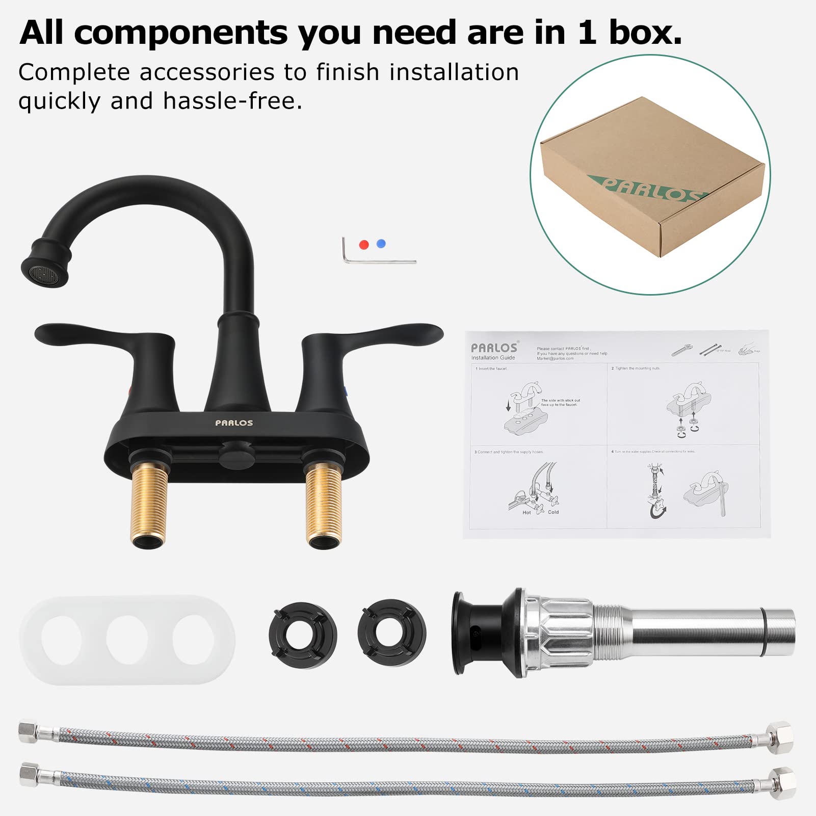 PARLOS 2-Handle Bathroom Sink Faucet High Arc Swivel Spout with Metal Drain Assembly and Faucet Supply Lines, Matte Black, Demeter 14134
