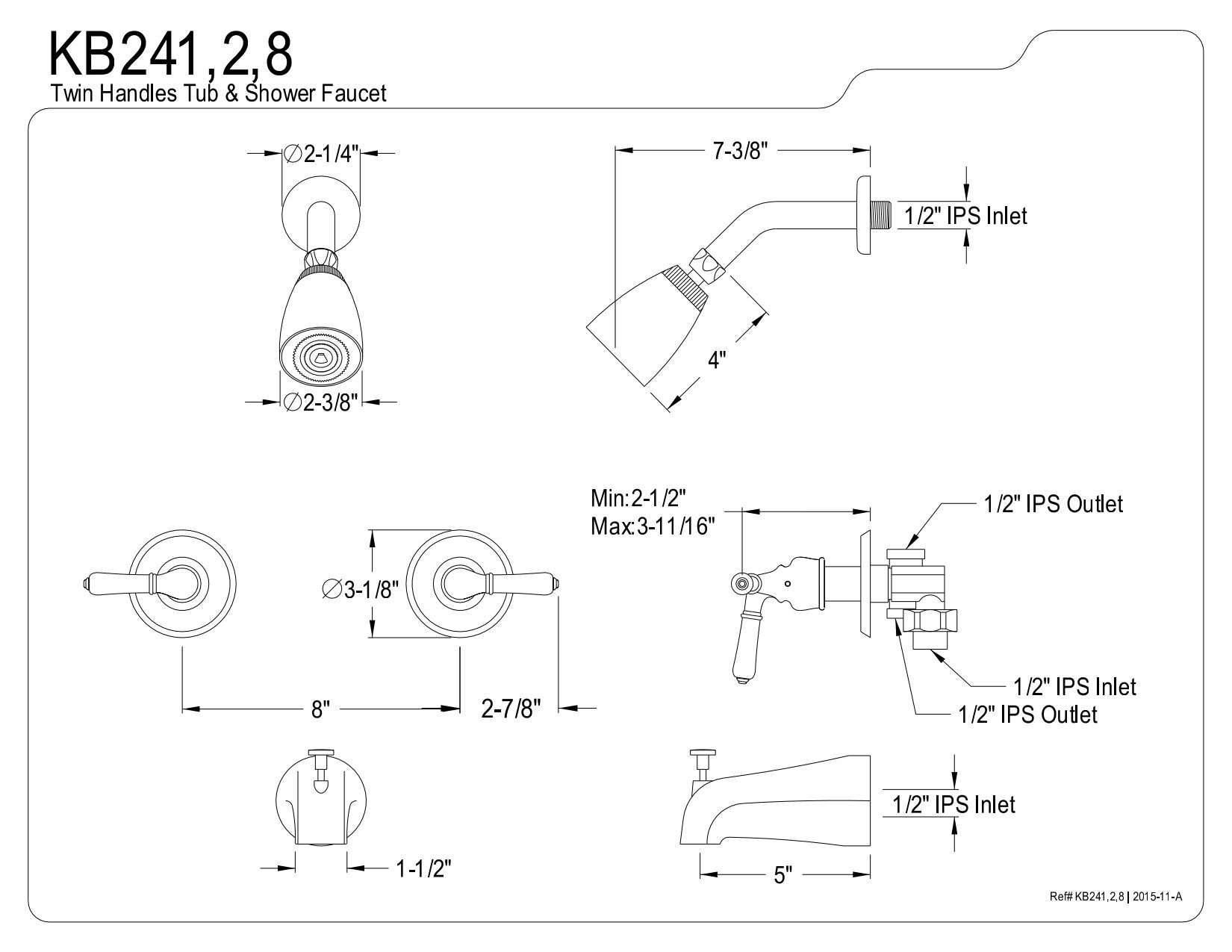 Kingston Brass KB242 Magellan Tub and Shower Faucet 2-Magellan Handle, Polished Brass