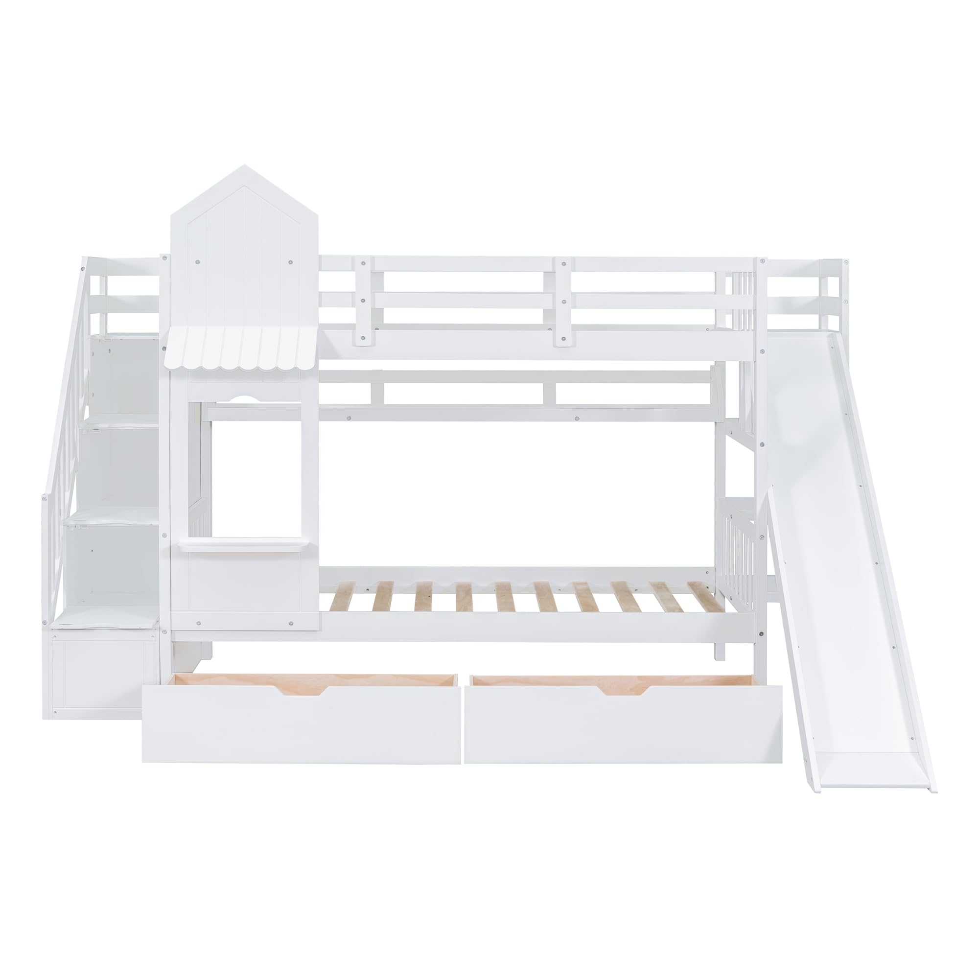 MERITLINE Twin Over Twin Bunk Bed for Kids, Castle Bunk Beds with 2 Drawers 3 Shelves and Slide, Solid Wood Twin Bunk Bed for Kids Girls Boys Teens (White)
