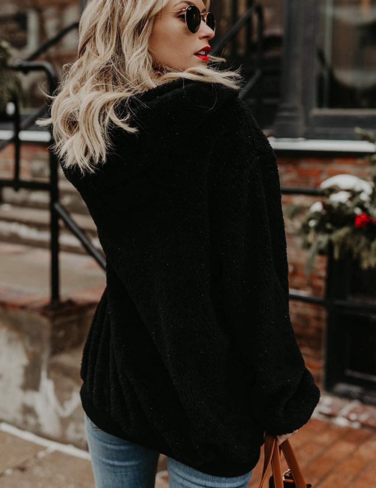 Doreyi Hoodies Womens-Tops- Solid Color Long Sleeve Hooded Drawstring Fleece Warm Sweatshirt Black XL