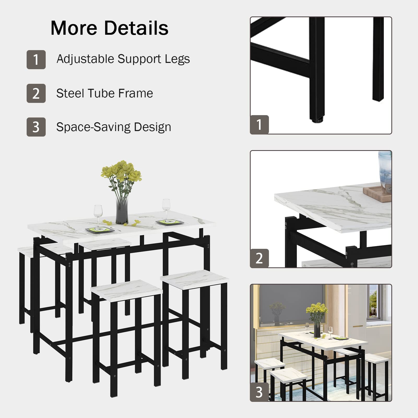 Dining Table Set for 4, 5 Pieces Kitchen Table and Chairs for Small Spaces, Bar Table and Chairs Set, Person Counter Height Table Set with 4 Chairs for Pub Restaurant Dinner Breakfast(White Statuario)