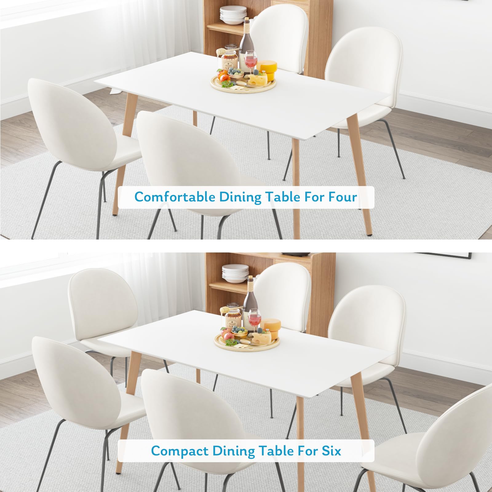 Dining Table, 43.3 Inch Modern Kitchen Table Rectangular Dinner Table for 4-6 People with White Tabletop & Solid Wood Legs for Home Office Kitchen Dining Room