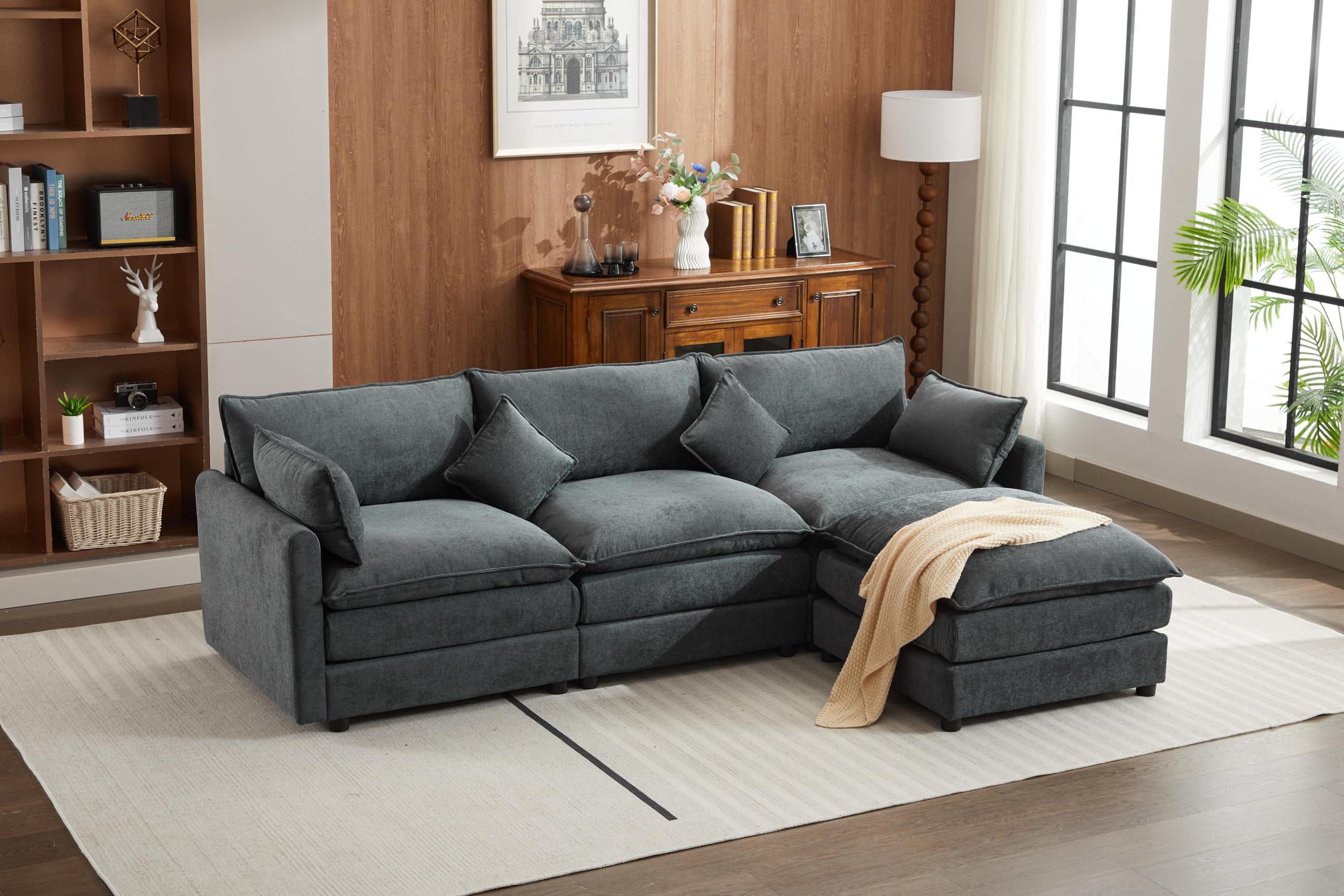 Orange Modular Sectional Sofa, 101" Modern Cloud Couch for Living Room, 3-Seater Upholstered Chenille Deep Seat Sofa, Comfy L Shaped Sectional Couch with Movable Ottoma & Pillows for Apartment Office