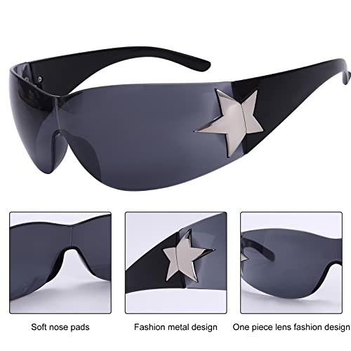Rimless Y2K Sunglasses for Women Men,Trendy Shield Wrap Around Sunglasses Oversized Fashion Black Frameless Sun Glasses