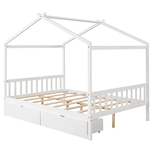 Merax Full Size House Platform Bed Frames with with Two Drawers, Headboard and Footboard/No Box Spring Needed/Easy Assembly