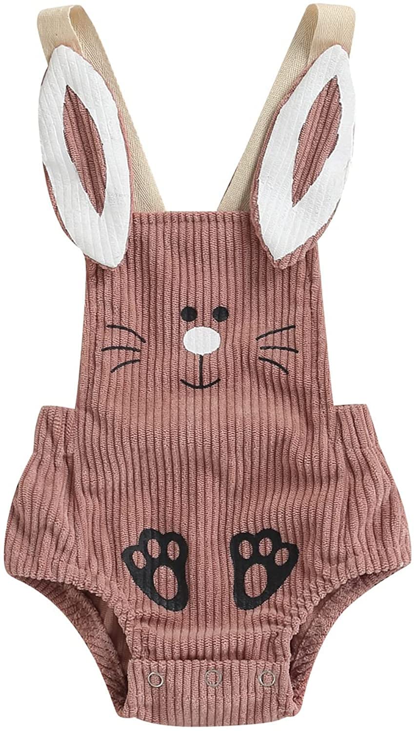 TROSJ Newborn Baby Boy Girl Easter Outfits Sleeveless Button Corduroy Cartoon Bunny Romper Bodysuit Summer Clothes 0-12M (Pink, 0-3 Months)