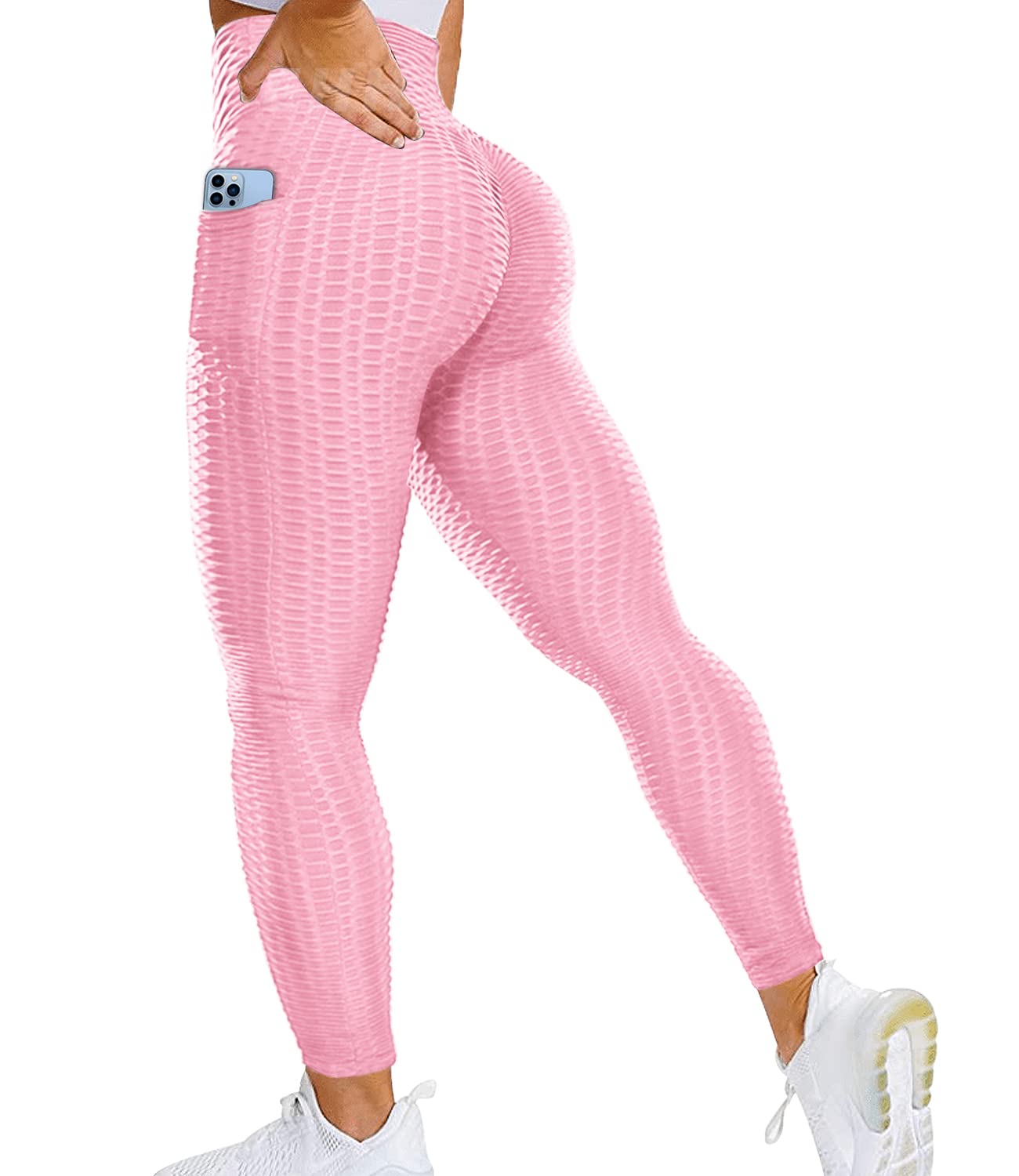 EHH Women High Waisted Anti-Cellulite Leggings with Pocket Ruched Butt Lifting Yoga Pants L