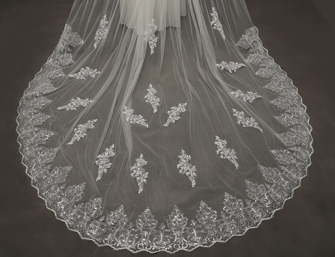 EllieHouse Cathedral 1 Tier Sequin Lace Wedding Bridal Veil White