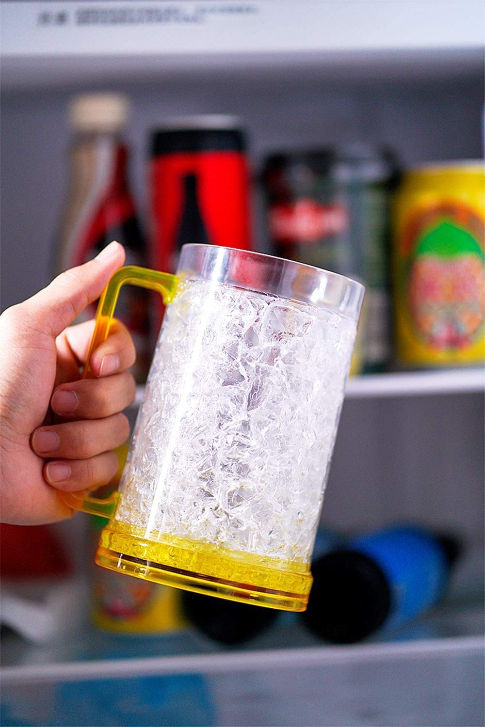 Drinking Glasses Cups, Double Wall Gel Freezer Beer Mugs, Freezer Ice Mugs Cups, 16oz, Plastic Cooling Beer Mug Clear Set of 4 (Red, Green, Blue, Orange)