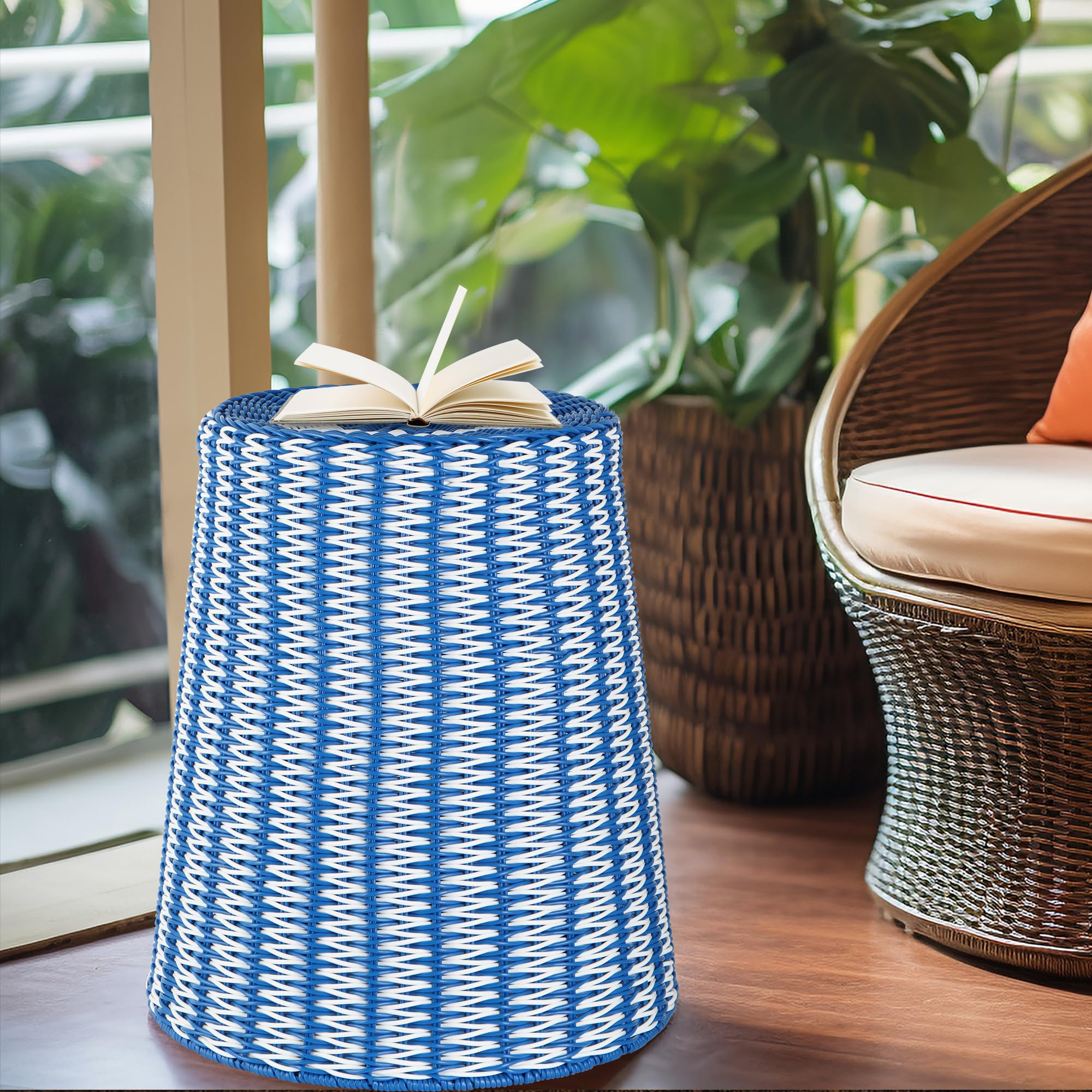 DUSVALLY Wicker Stool for Patio & Garden, Decorative Outdoor Woven Wicker Accent Side Table Storage Stool Basket, 18" H Ottoman Footstool for Bedroom Balcony Deck Seat Furniture, Blue
