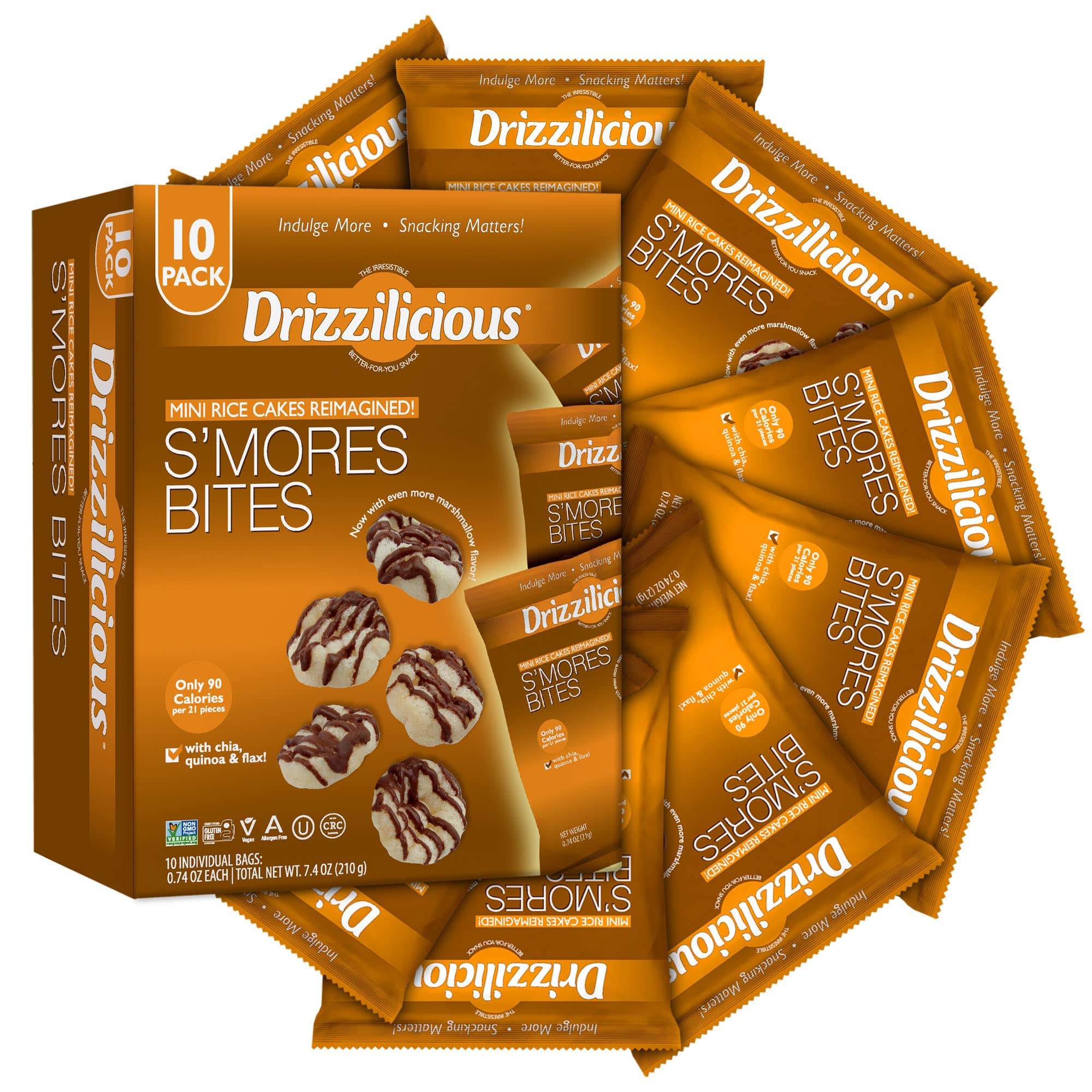 Drizzilicious S'mores 10 Pack | Mini Snack Chocolatey Rice Cakes | Vegan Air Popped Chia, Quinoa, Flax Smore Snacks