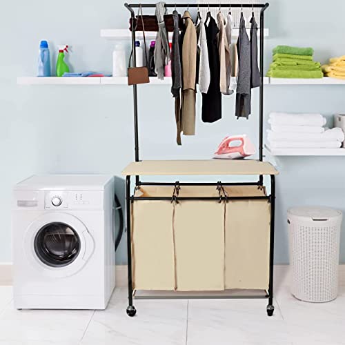 Laundry Sorter Cart with Ironing Board 3-Section Laundry Hamper and Hanging Bar Clothes Rack Heavy-Duty Rolling Laundry Cart with 3 Removable Bags
