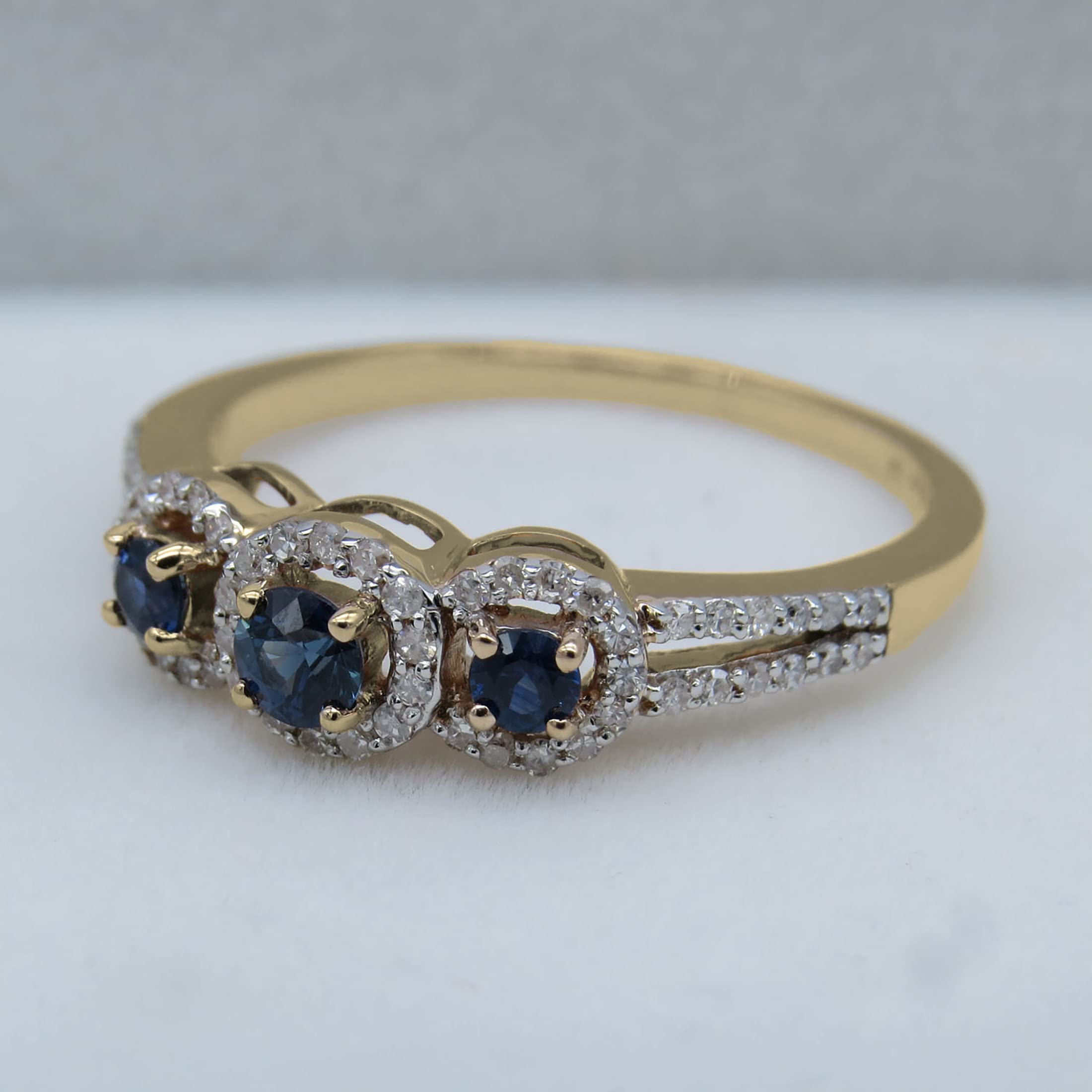 Dazzlingrock Collection Round Blue Sapphire & White Diamond 3 Stone Halo Engagement Ring for Women in 10K Yellow Gold, Size 10