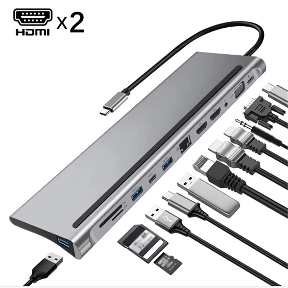 HOUKAI 12 in 1 USB C Hub Laptop Docking Station Type-C to Dual HDMI-Compatible/VGA/USB 3.0 Hub/PD/RJ/Micro-SD/TF Card Dock Adapter