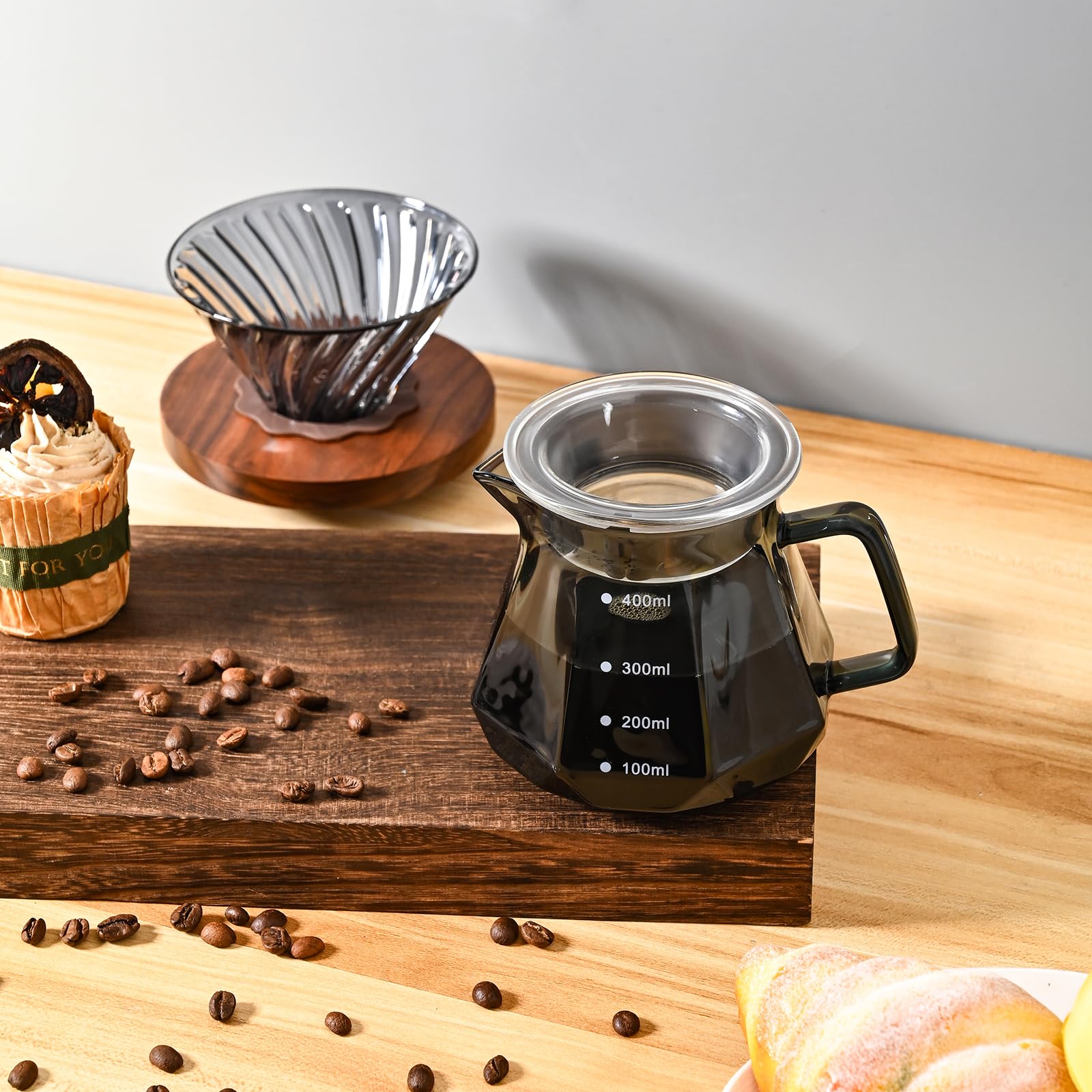 NEWOUGER Pour Over Coffee Maker With Paper Filter 40 Sheets,Gray 13.5 Oz Pour Over Coffee Dripper Set Borosilicate Glass Coffee Carafe,For Home,Camping, Hiking