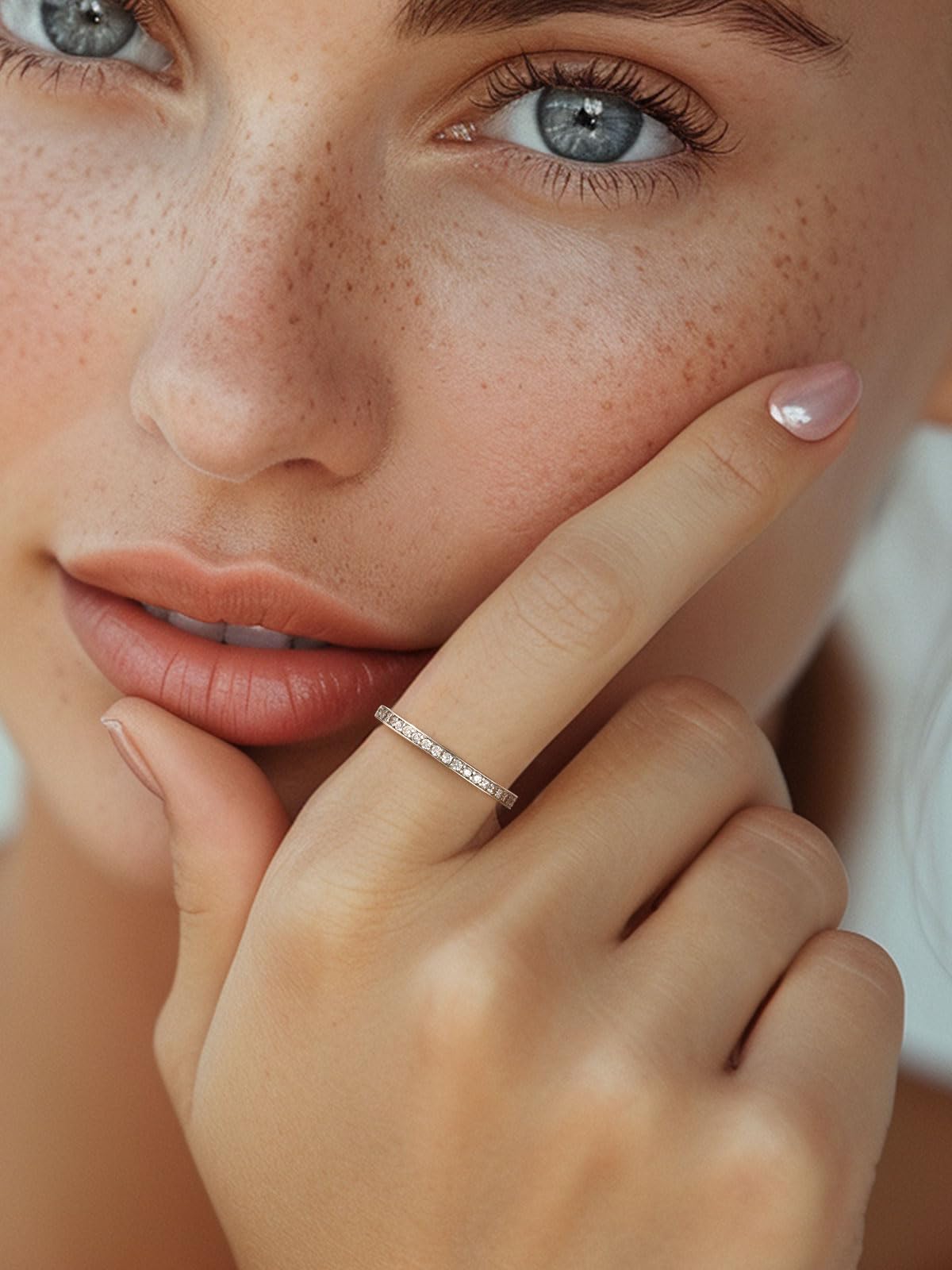 FindChic Sterling Silver Wedding Band Rings for Women, Thin CZ Stackable Eternity Ring, Fake Diamond Ring Size 7 Bling Jewelry