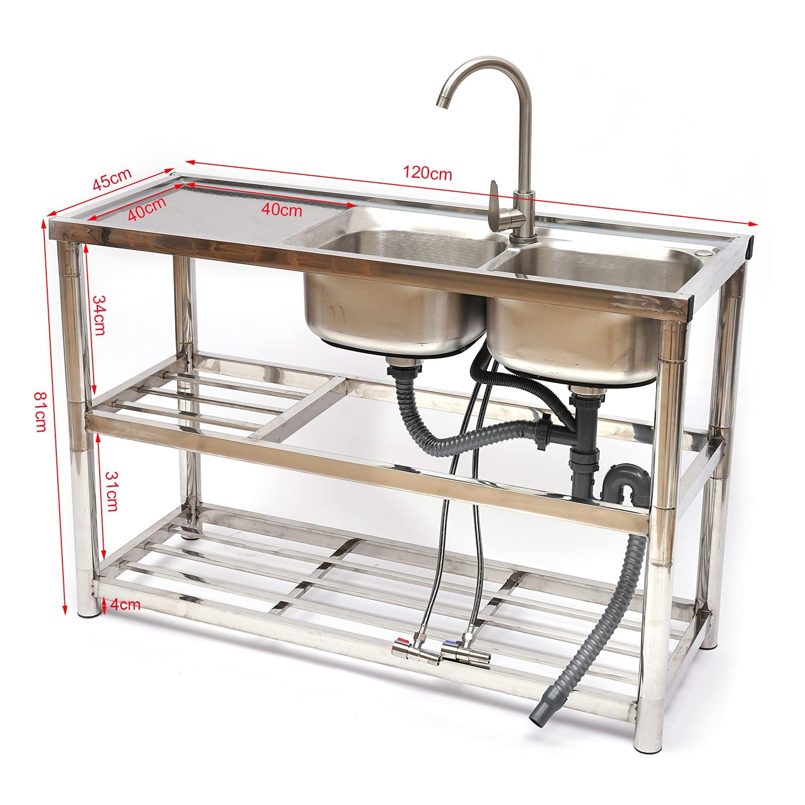 DUTTIETY Free Standing Stainless-Steel Double Bowl Commercial Restaurant Kitchen Sink Set with Faucet