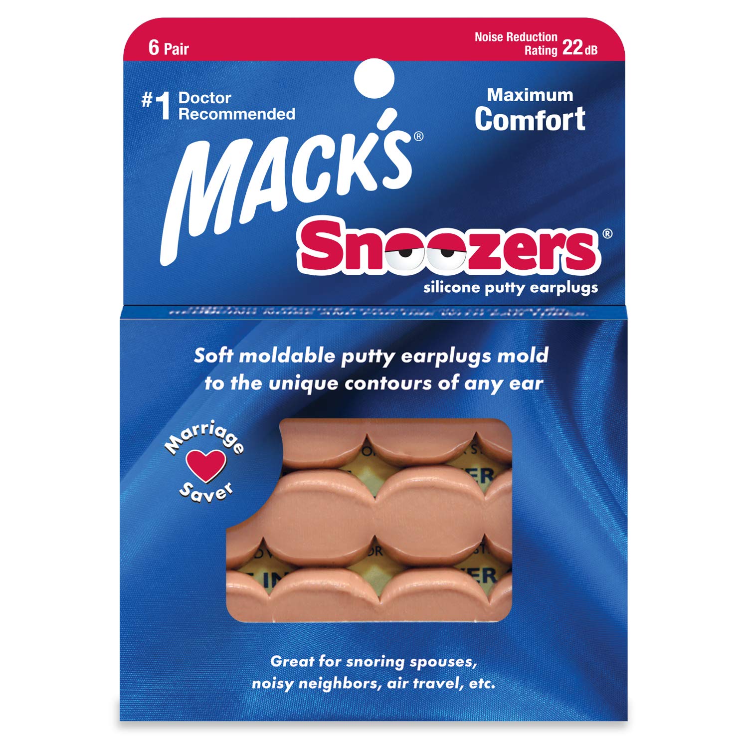 Mack's Snoozers Silicone Putty Earplugs - 6 Pair – Comfortable, Moldable Silicone Ear Plugs for Sleeping, Snoring, Loud Noise & Traveling | Made in USA