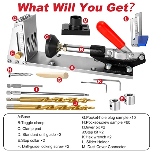 Pocket Hole Jig Kit - Adjustable Pocket Screw Jig Heavy Duty Aluminum Alloy Pocket Hole Jigs System for Woodworking, Carpenter Drill Jig for Angled Holes with 3 Drilling Bit Hole Puncher Locator