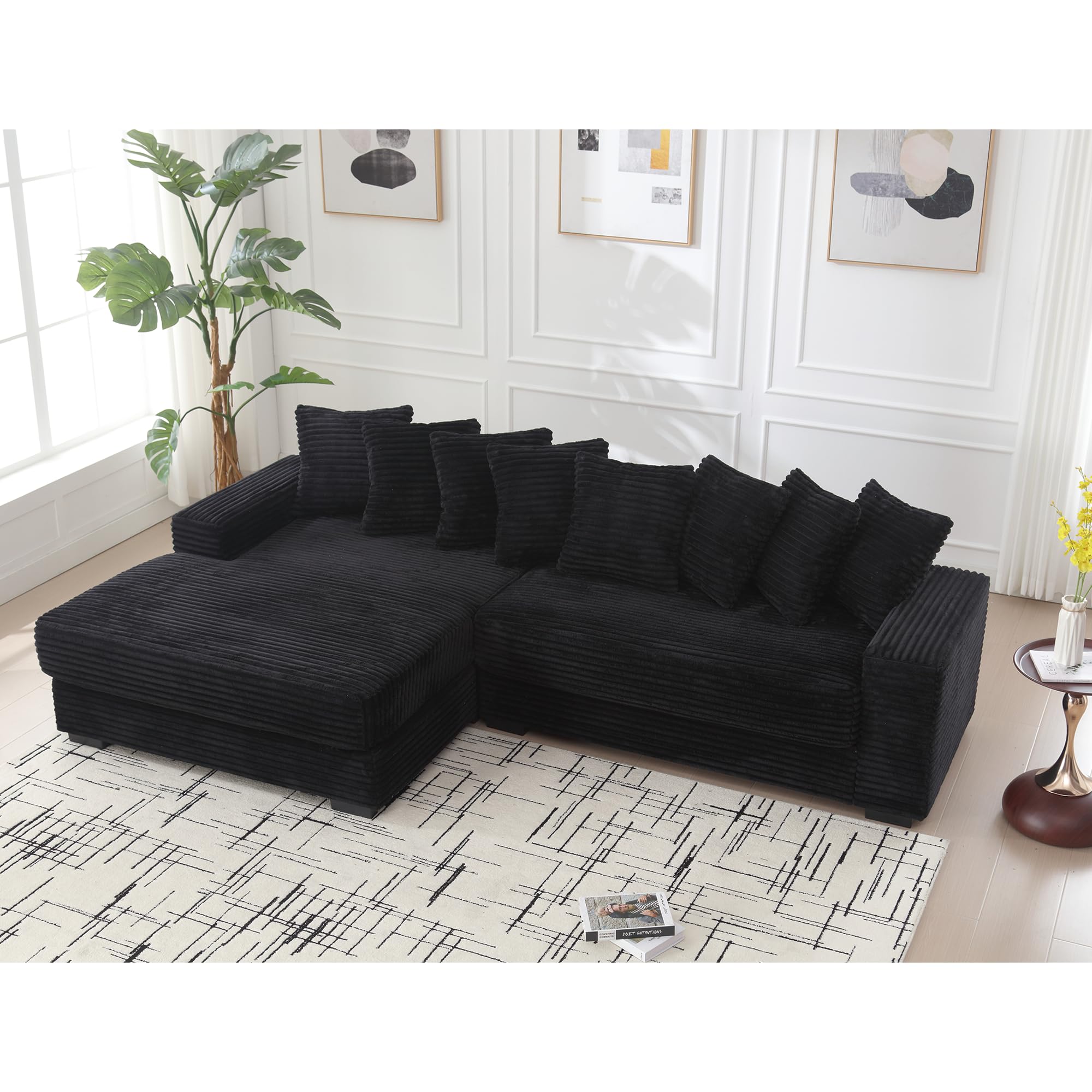 HanStrong Sectional Sofa Couch, 111"x60" L Shaped Comfy Corduroy Upholstered Sofa with Right Chaise & 8 Throw Pillows, Oversized Two-Piece Couches Corner Sofa for Living Room Apartment, Black