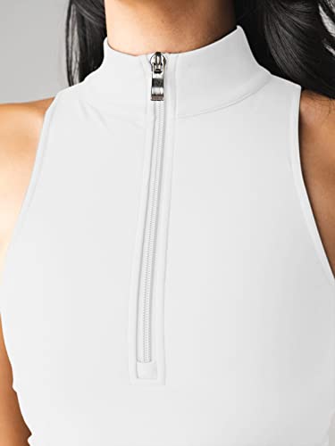 LASLULU Womens Crop Tops Half Zip Up Sleeveless Yoga Tops Compression Summer Athletic Shirts Sports Bra Seamless Workout Gym Pullover Going Out Tops(White Large)