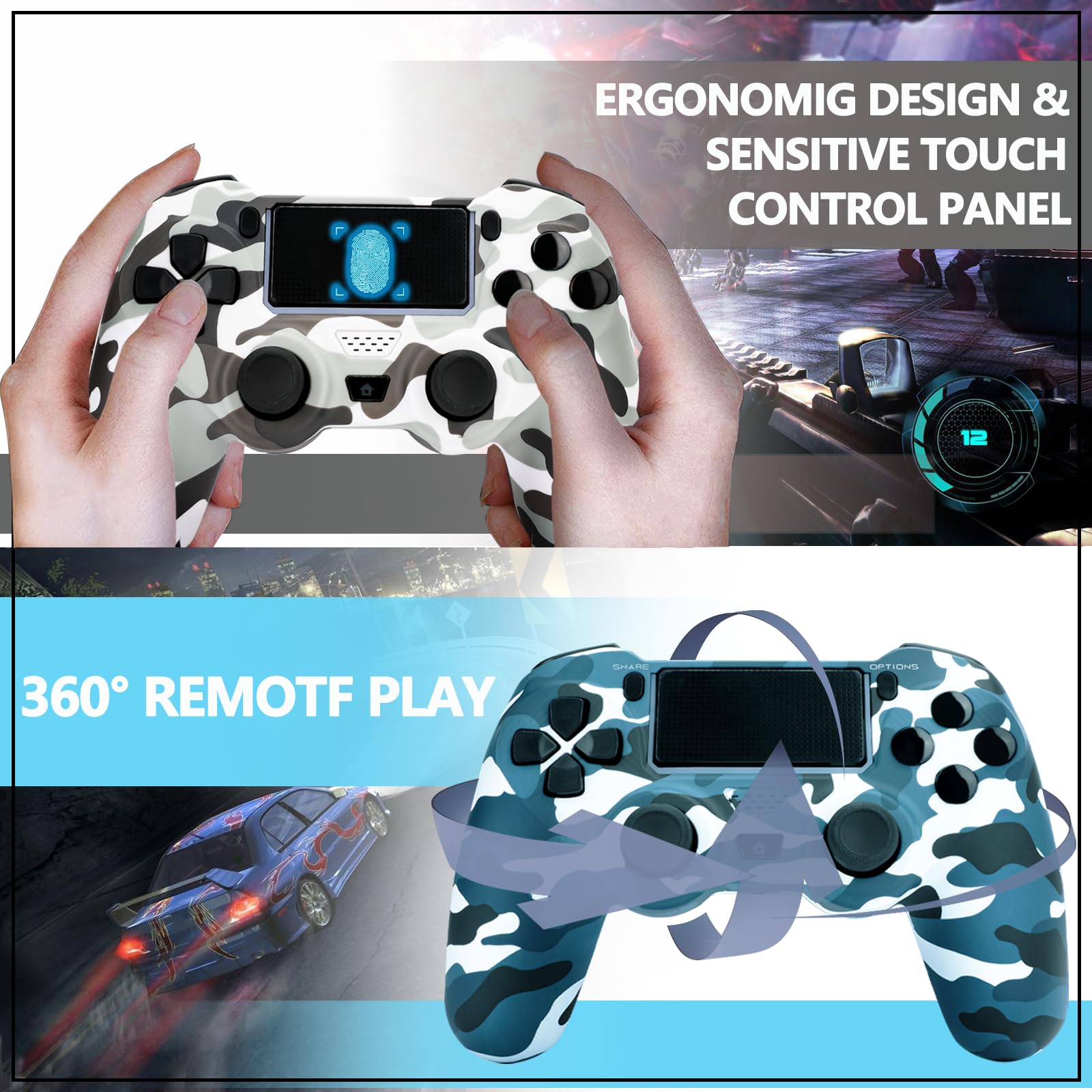 Dliaonew Wireless Controller for PS4, 2 Pack Remote Control Compatible with Playstation 4/Slim/Pro with Dual Vibration/Audio/Six-axis Motion Sensor/Game Joystick - Camo Blue + Camo Grey