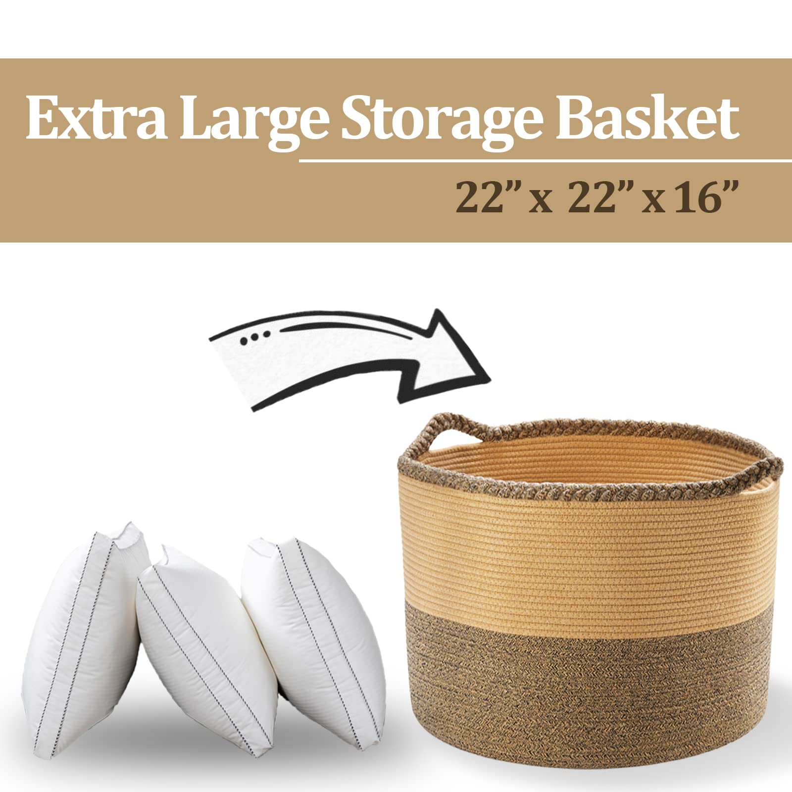 Turnextte Cotton Rope Basket, 22'' X16'' Super Large Blanket Storage Basket, Large Woven Laundry Basket with Reinforced Handles, Blanket Basket Living Room, Black and Brown