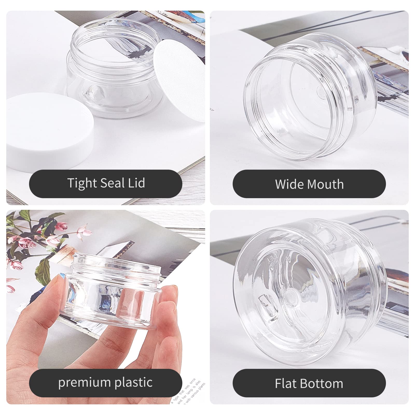 TUZAZO 1 OZ Plastic Jars Round Clear Cosmetic Container Jars with Lids and Labels, 12 Pack Small Plastic Jars for Lotion, Cream, Ointments, Makeup, Glitters, Samples, Travel Storage